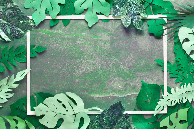 Paper Craft Background, Frame With Exotic Tropical Leaves With Text ...