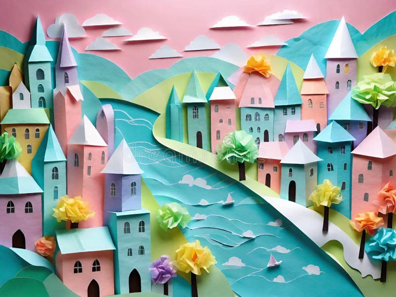Paper Craft of City and River Stock Illustration - Illustration of ...