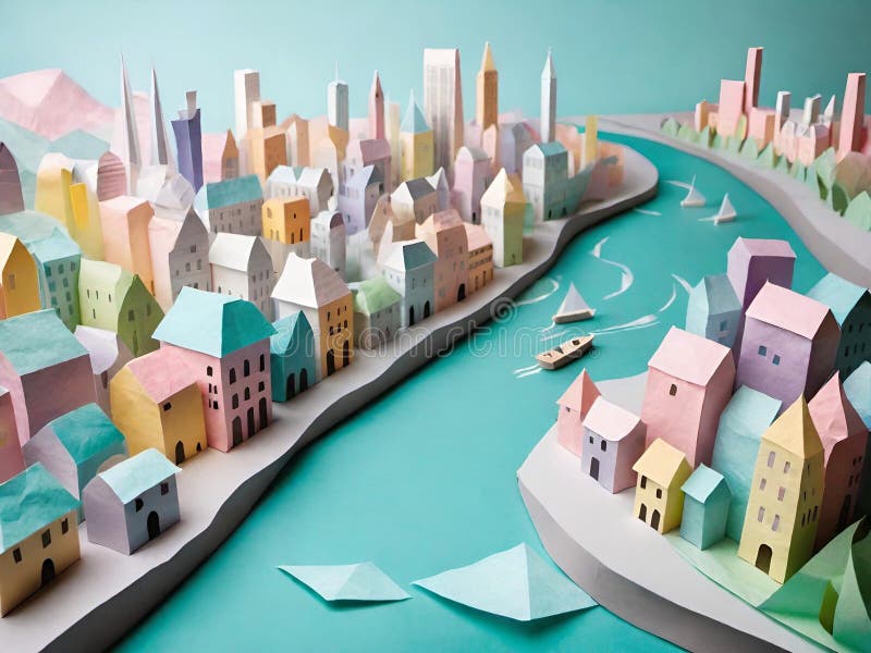 Paper Craft of City and River Stock Illustration - Illustration of ...