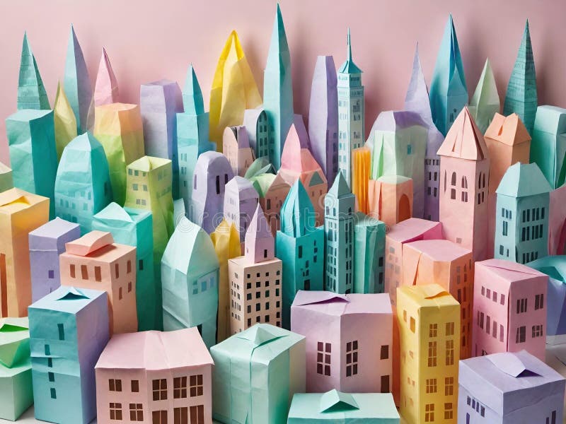 Paper Craft on a Colorful Town Background Stock Illustration ...
