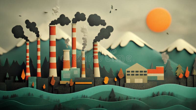 Paper Craft Industrial Landscape with Pollution and Mountains Stock ...
