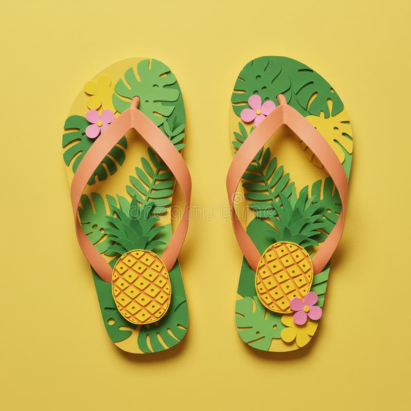 Paper Craft Pineapple Flip-Flops on Yellow Background Stock ...