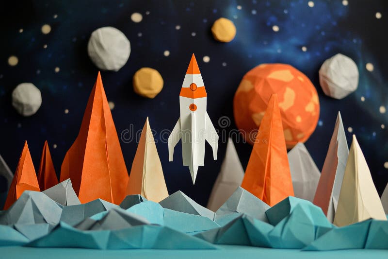 Paper Craft Scene of a Rocket Ship in Space with Planets Stock Photo ...