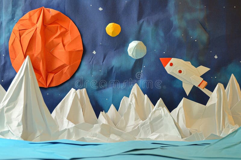 Paper Craft Scene of a Rocket Ship in Space with Planets Stock Photo ...