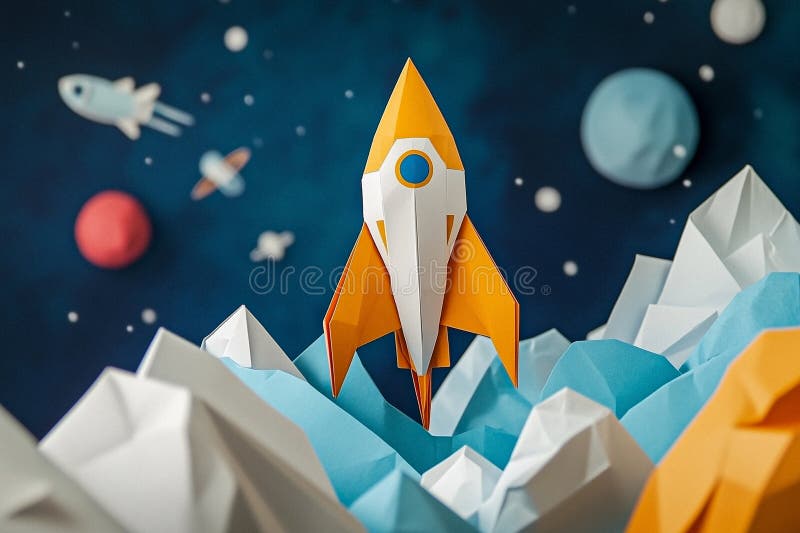 Paper Craft Scene of a Rocket Ship in Space with Planets Stock ...