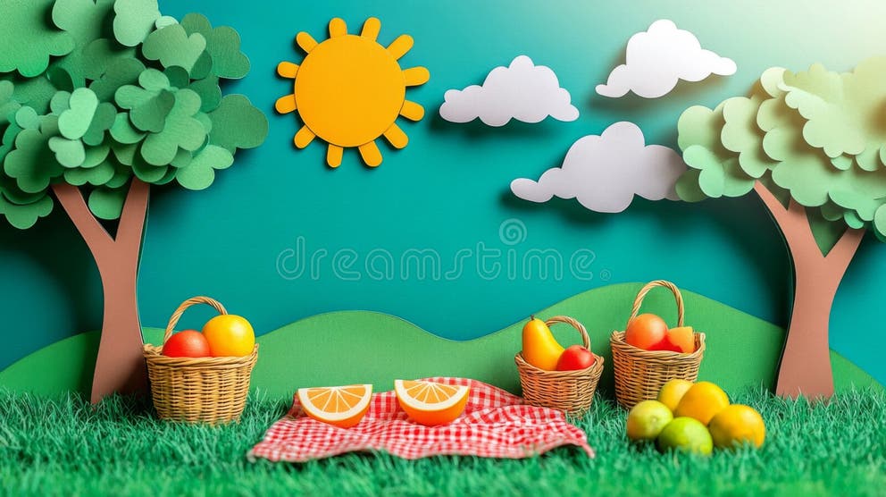 Paper Craft Summer Picnic Scene with Fruit Baskets Stock Illustration ...