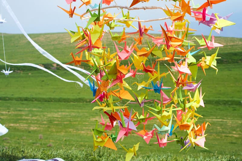 Paper Crane Mobile in the Wind Stock Photo - Image of garden, origami ...