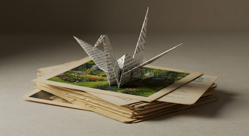 Paper Crane on Stack of Postcards Stock Illustration - Illustration of ...