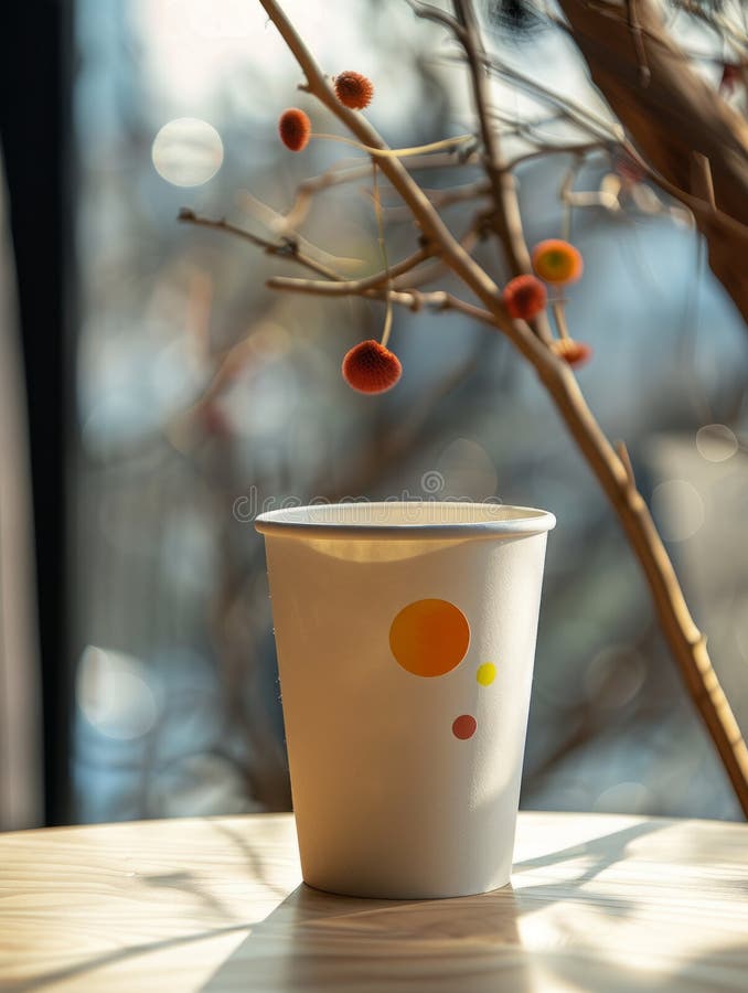 A Paper Cup with Circles on a Table beside a Branch with Small Balls ...