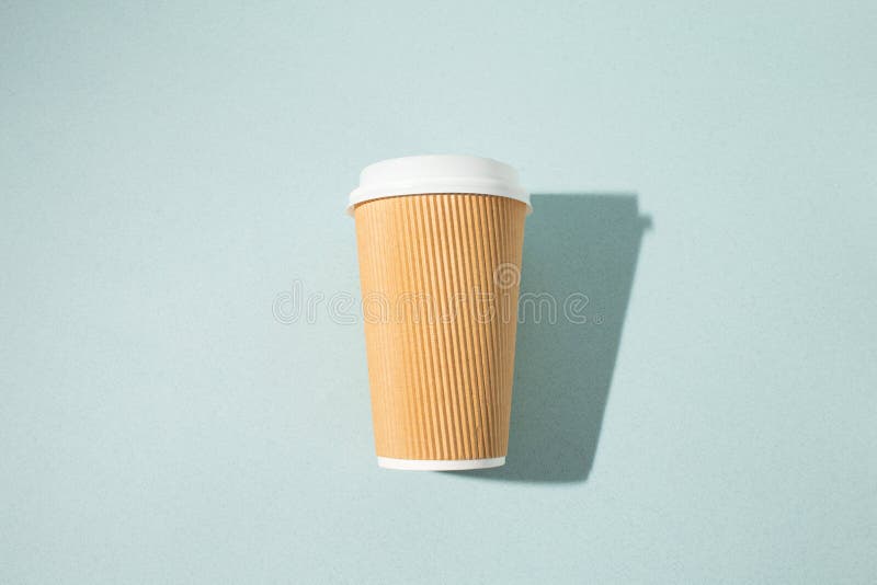 Paper Cup of Coffee on Blue Background. Top View. Take Away Cup Stock ...