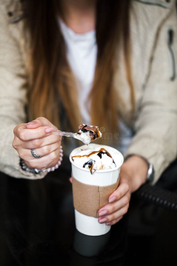 Paper Cup with Coffee in Hand at the Girl Stock Image - Image of ...