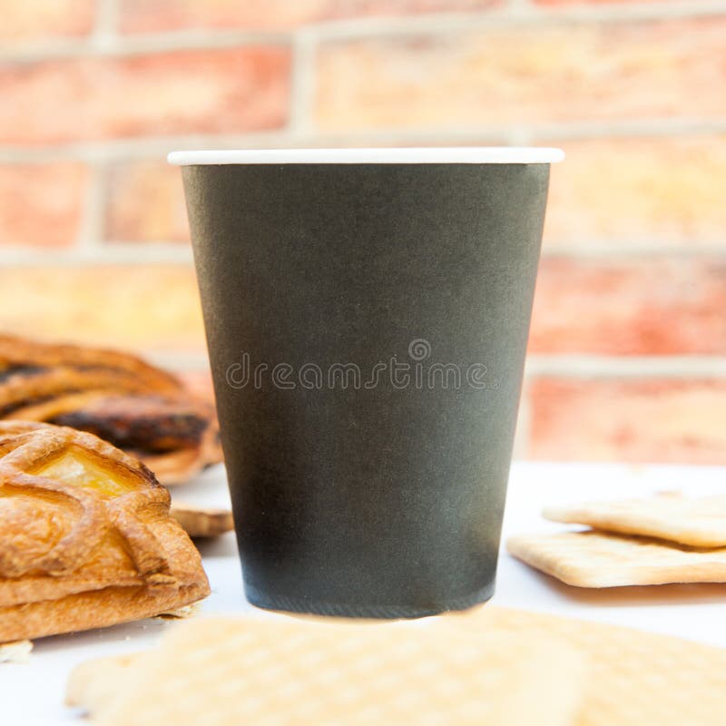 Paper Cup Empty Mockup with Pastries in City Cafe Stock Image - Image ...