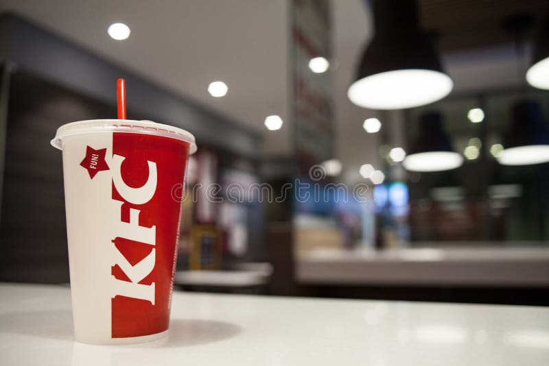 Minsk, Belarus, March 27, 2018: Paper Cup with KFC Logo on Table in KFC ...