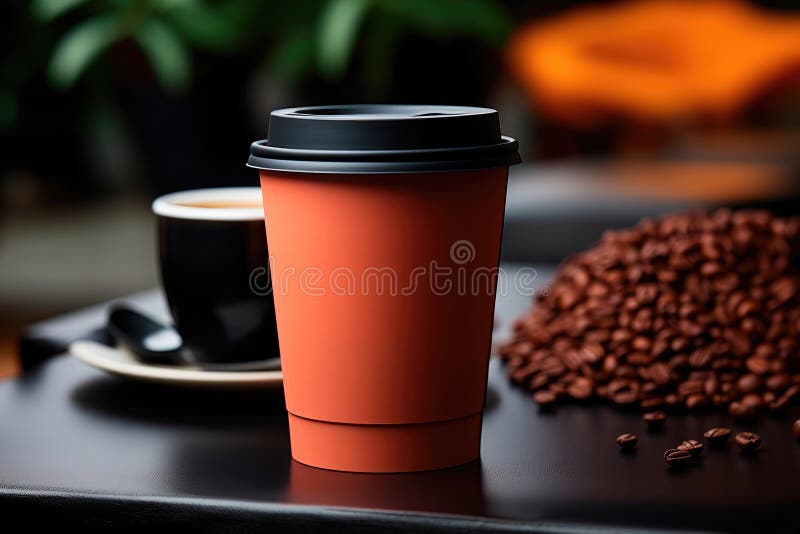 Paper Cup Mockup with Copy Space on Table in Cafe with Coffee Beans ...