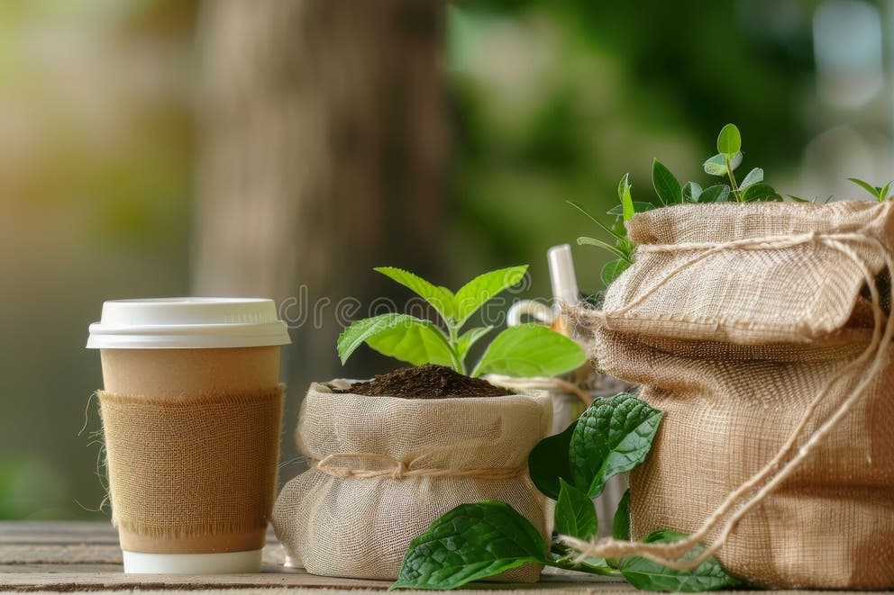 Paper Cup with Soil Bags and Sprouts. Stock Photo - Image of coffee ...
