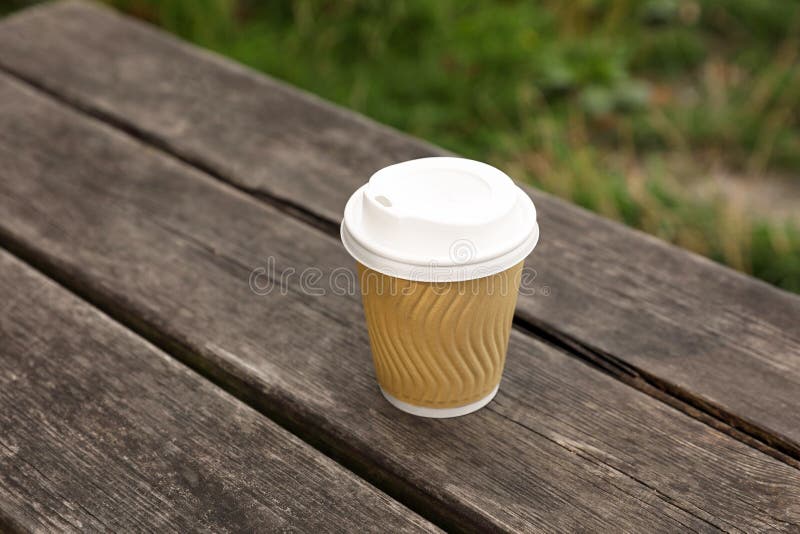 Paper Cup on Wooden Bench Outdoors. Coffee To Go Stock Photo - Image of ...