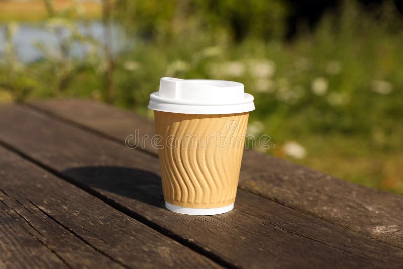 Paper Cup on Wooden Bench Outdoors. Coffee To Go Stock Photo - Image of ...