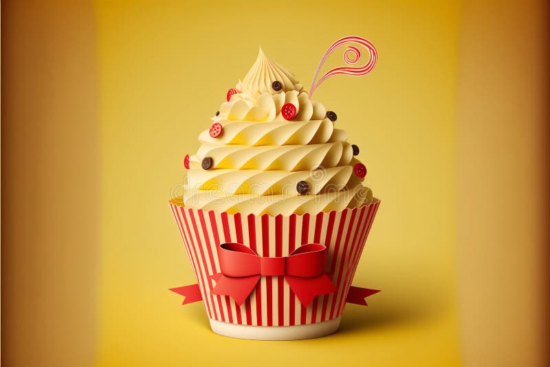 Paper Cupcake with Red Bow Ribbon on Yellow Background. 3D Stock ...