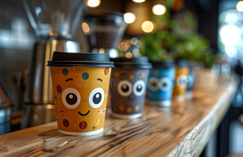 Paper Cups with Lid on the Counter of Coffee Shop Stock Photo - Image ...