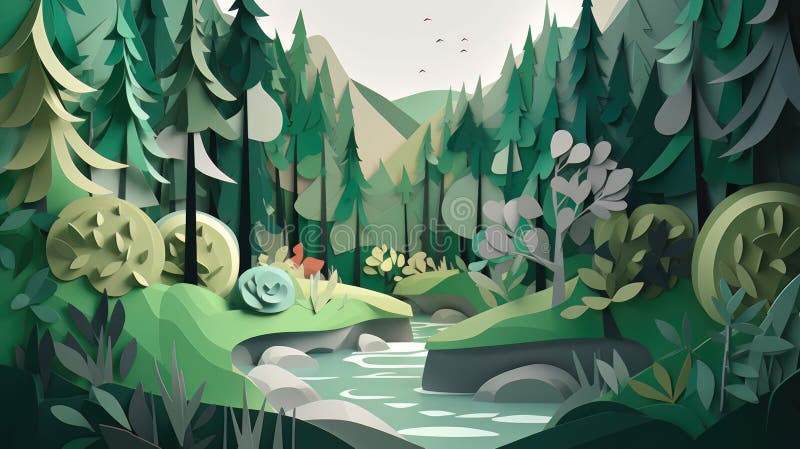 Paper Cut Art Work with Green Nature Forest. Generative AI Stock Photo ...
