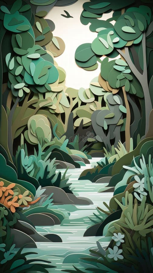 Paper Cut Art Work with Green Nature Forest. Generative AI Stock Image ...