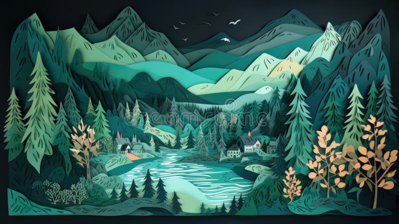 Paper Cut Art Work with Green Nature Forest. Generative AI Stock Photo ...