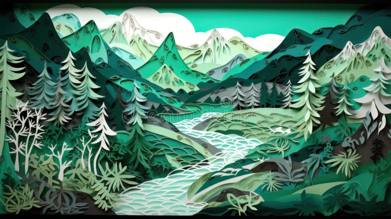 Paper Cut Art Work with Green Nature Forest. Generative AI Stock Photo ...
