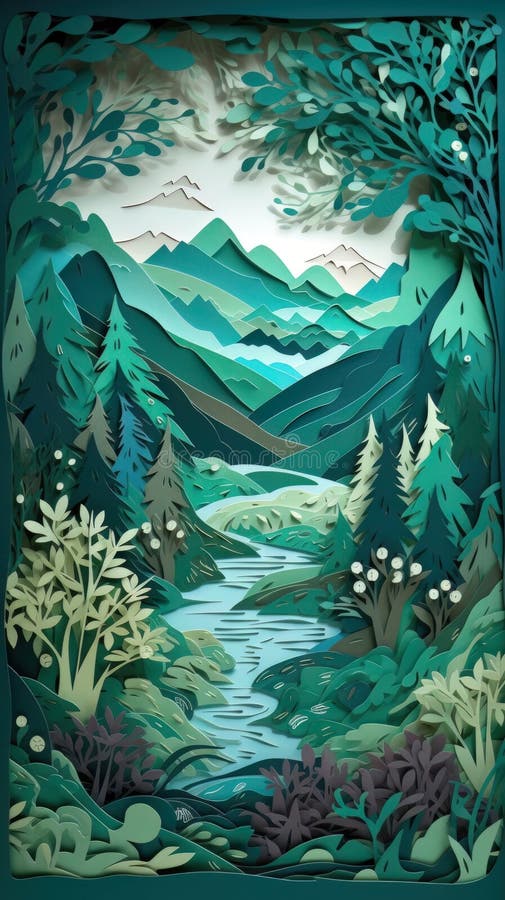Paper Cut Art Work with Green Nature Forest. Generative AI Stock Photo ...