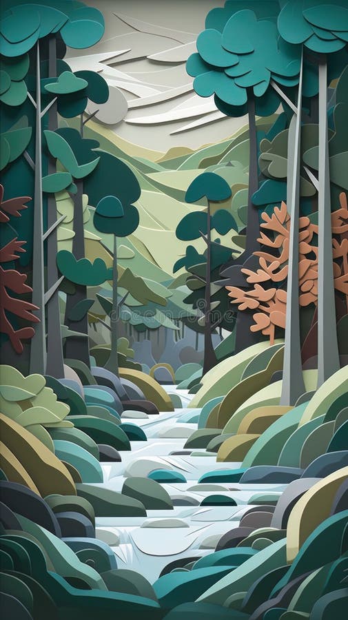 Paper Cut Art Work with Green Nature Forest. Generative AI Stock ...