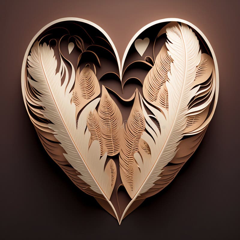 Paper Cut Beautiful Feathers Forming Heart Shape. 3D Render Love Stock ...