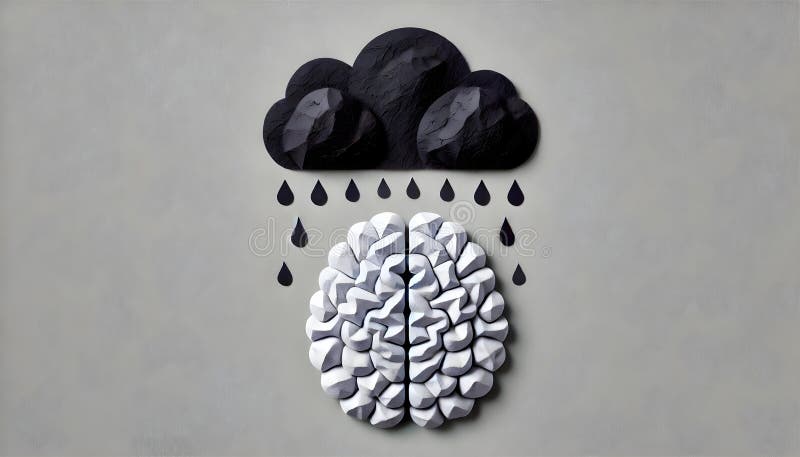 Paper-Cut Brain with Dark Cloud and Raindrops Symbolizing Depression in ...