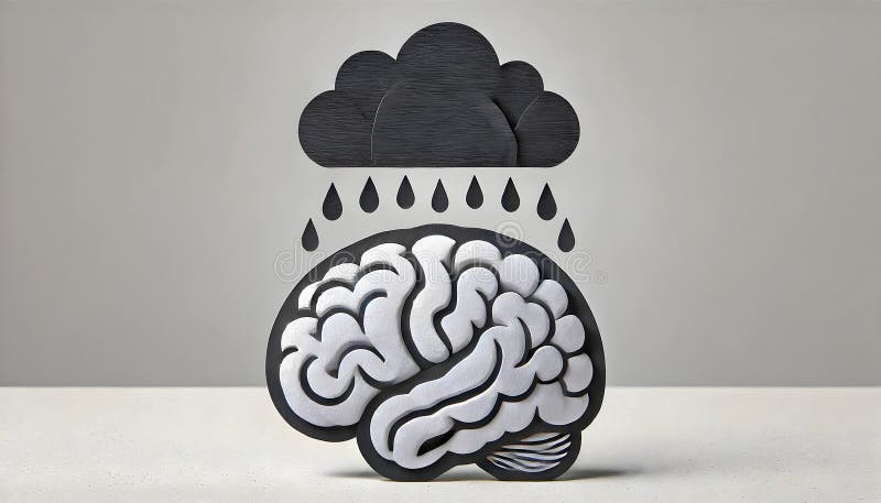 Paper-Cut Brain with Dark Cloud and Raindrops Symbolizing Depression in ...