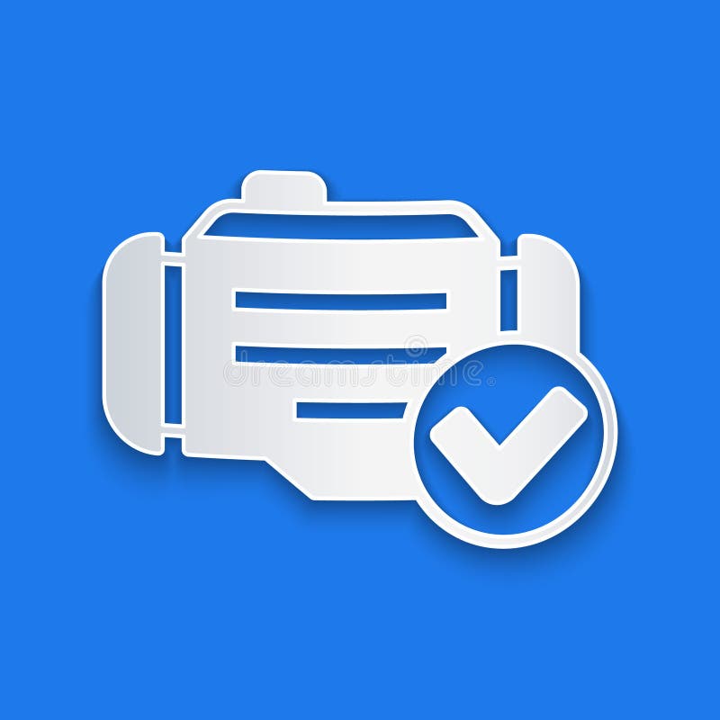 Paper Cut Check Engine Icon Isolated on Blue Background. Paper Art ...