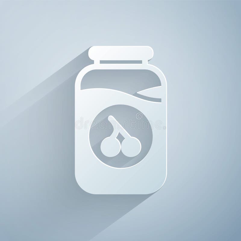 Paper Cut Cherry Jam Jar Icon Isolated on Grey Background. Paper Art ...