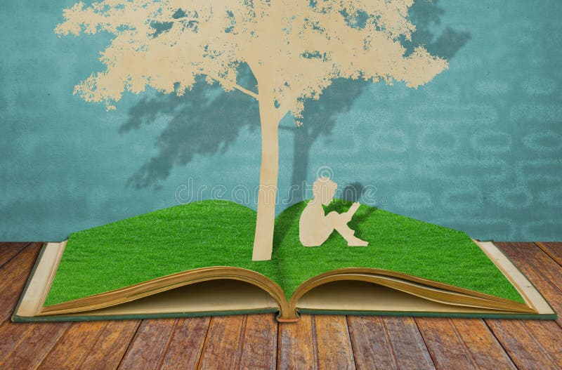 Paper Cut of Children Read a Book Under Tree. Stock Image - Image of ...