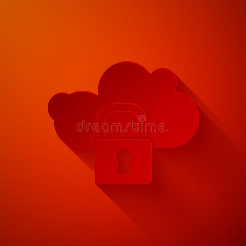 Paper Cut Cloud Computing Lock Icon Isolated on Red Background. Security, Safety, Protection ...