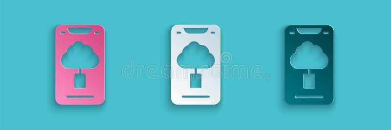 Paper Cut Cloud Technology Data Transfer and Storage Icon Isolated on Blue Background. Paper Art ...