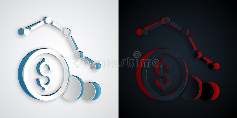 Paper Cut Dollar Rate Decrease Icon Isolated on Grey and Black Background. Cost Reduction Stock ...