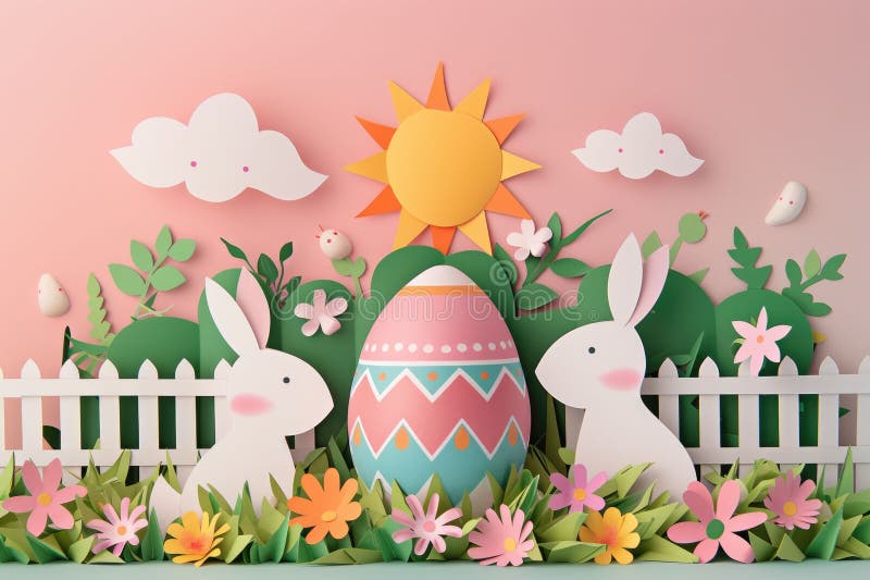A Paper Cut Easter Scene with a Bunny , Easter Egg , Sun and Flowers ...