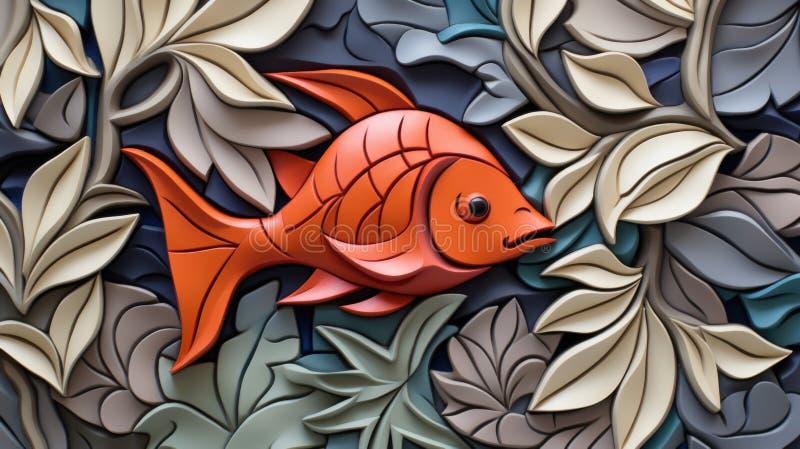 A Paper Cut of a Fish Surrounded by Leaves, AI Stock Illustration ...