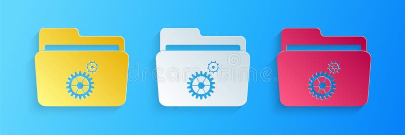 Paper Cut Folder Settings with Gears Icon Isolated on Blue Background ...