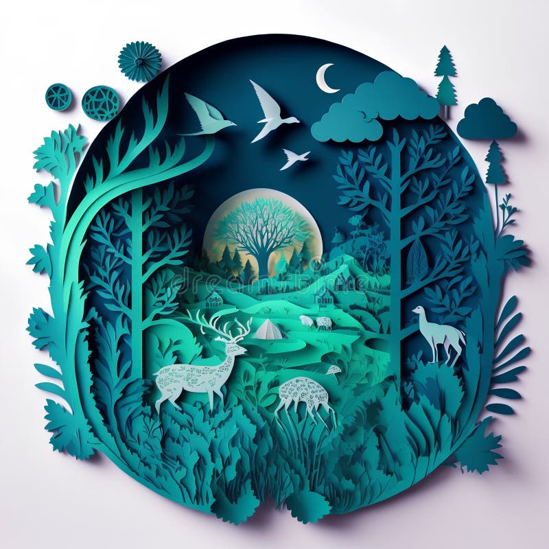 Paper Cut Forest Landscape with Animals and Birds. Paper Art Style ...
