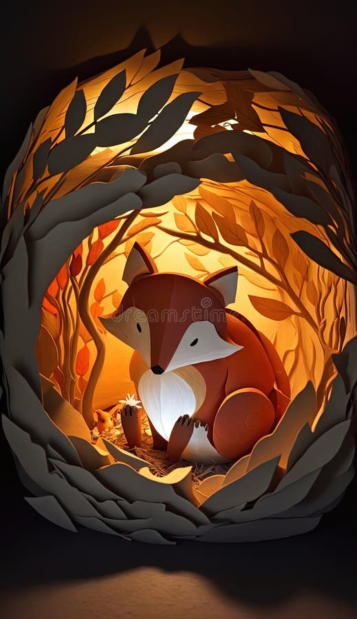 A Paper Cut of a Fox Sitting in a Cave with Leaves Stock Illustration ...