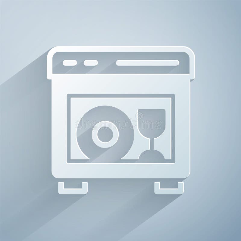Paper Cut Kitchen Dishwasher Machine Icon Isolated on Grey Background ...