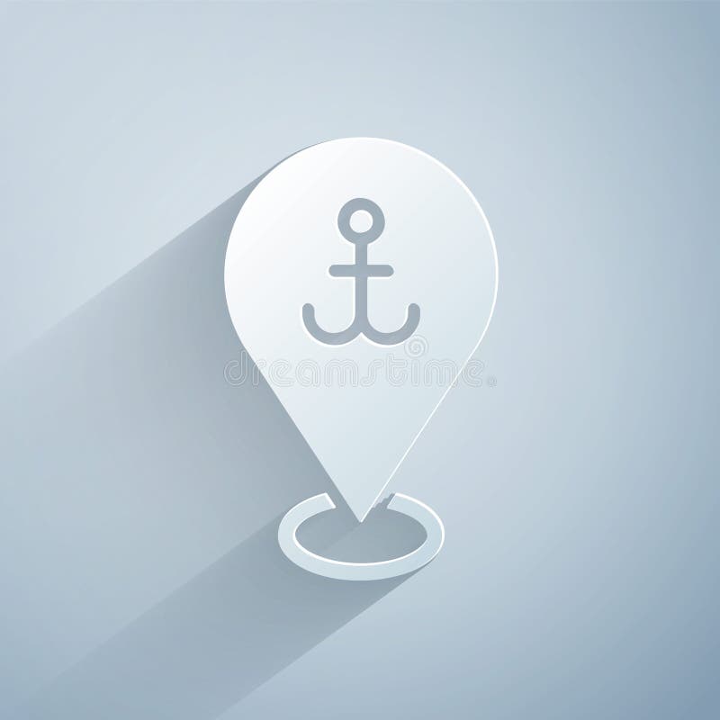 Paper Cut Map Pointer with Anchor Icon Isolated on Grey Background ...