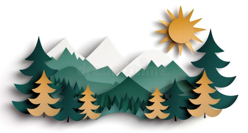 Paper Cut Mountain Landscape with Sun and Trees Stock Illustration ...