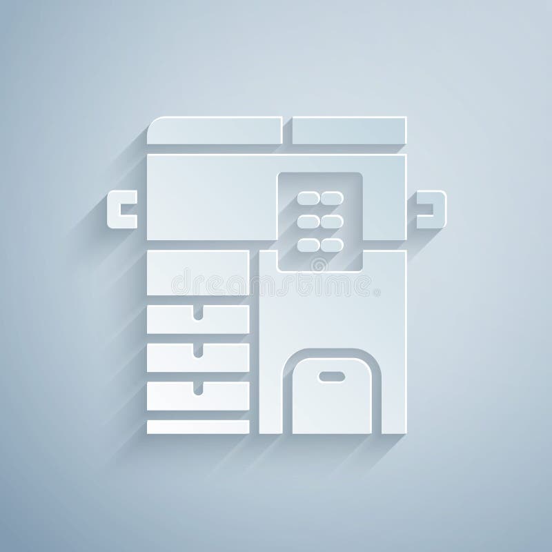 Paper Cut Office Multifunction Printer Copy Machine Icon Isolated on Grey Background. Paper Art ...