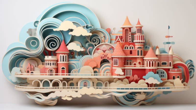 A Paper Cut Out of a Castle with Clouds, AI Stock Illustration ...