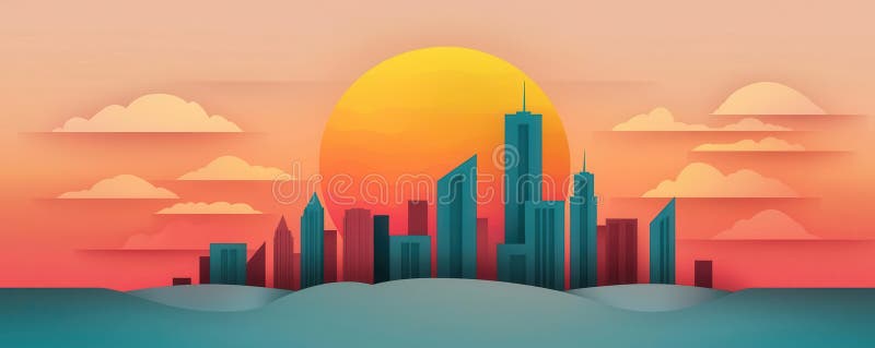 Paper Cut-out City Skyline with Sunset Stock Illustration ...