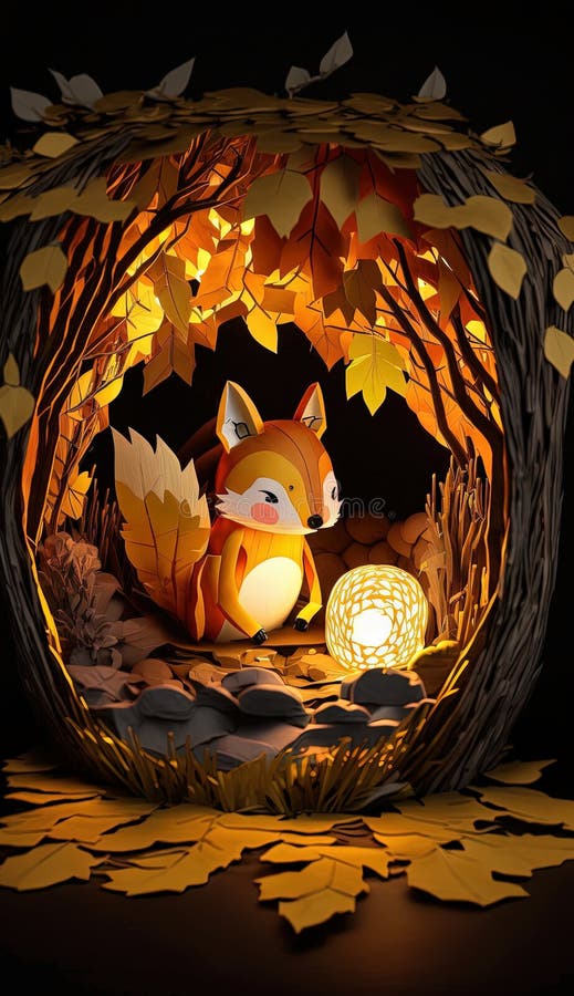 A Paper Cut Out of a Fox Sitting in a Forest Stock Illustration ...